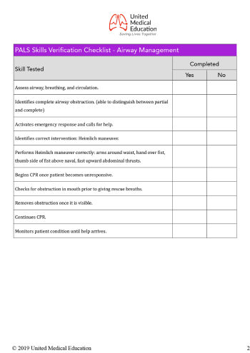 PALS Skills Test and Checklist - United Medical Education